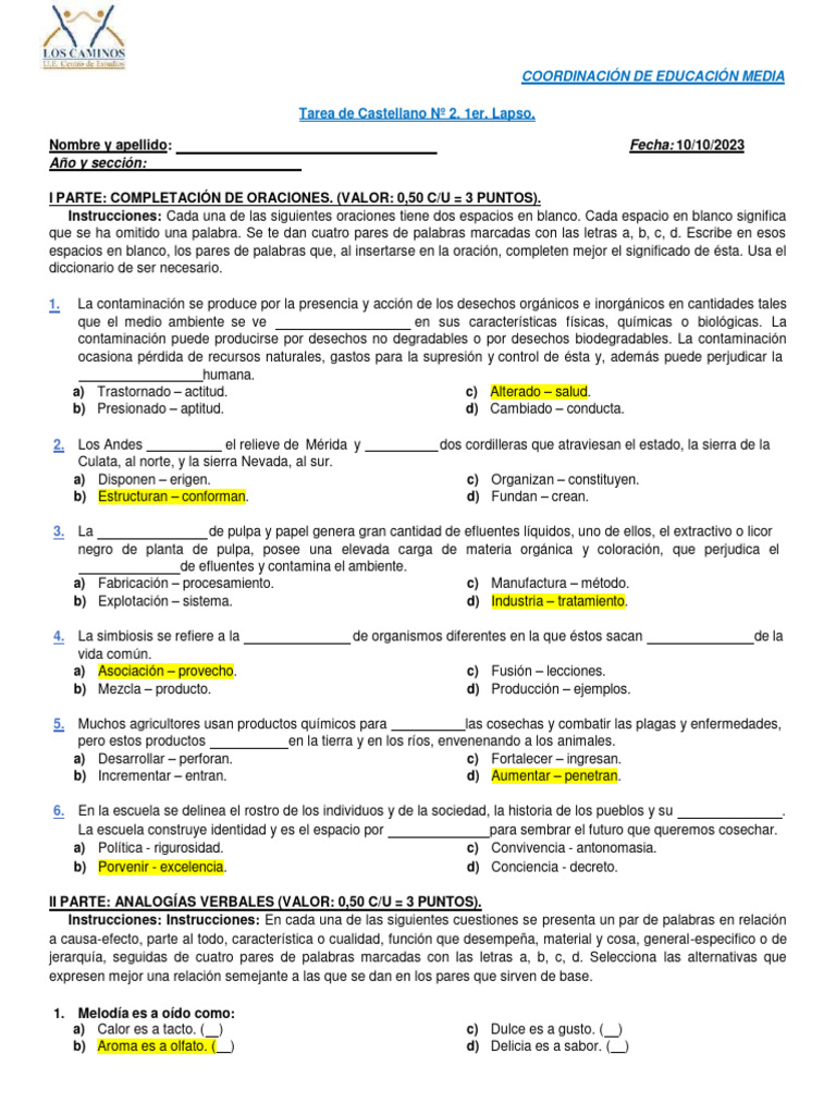 Tarea de Castellano: Completa Oraciones y Analogías | PDF | Inflación ...