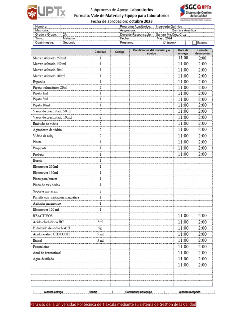Vale de Material y Equipo - Laboratorios123 | Descargar gratis PDF ...