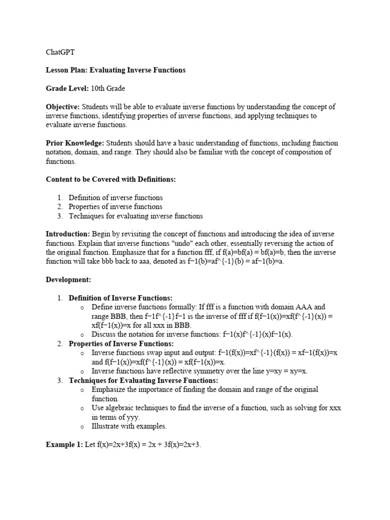 Inverse Functions Lesson Plan | PDF | Function (Mathematics ...