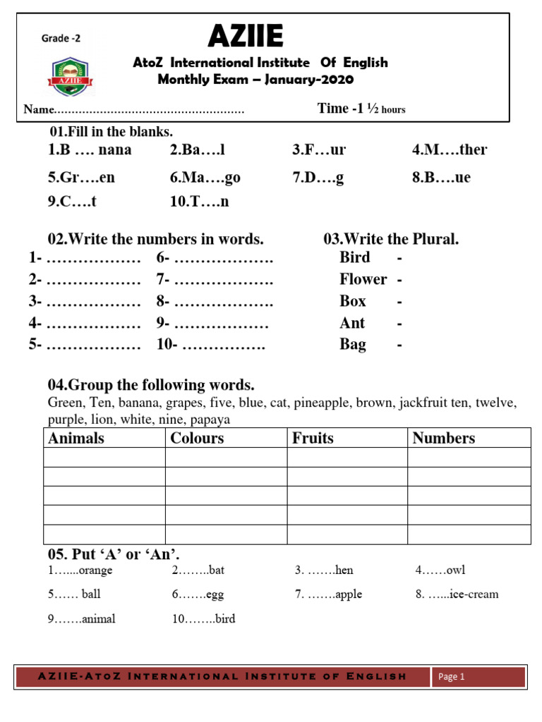 Grade 2 - English - Monthly Exam 2020 | PDF | Edible Fruits | Fruit