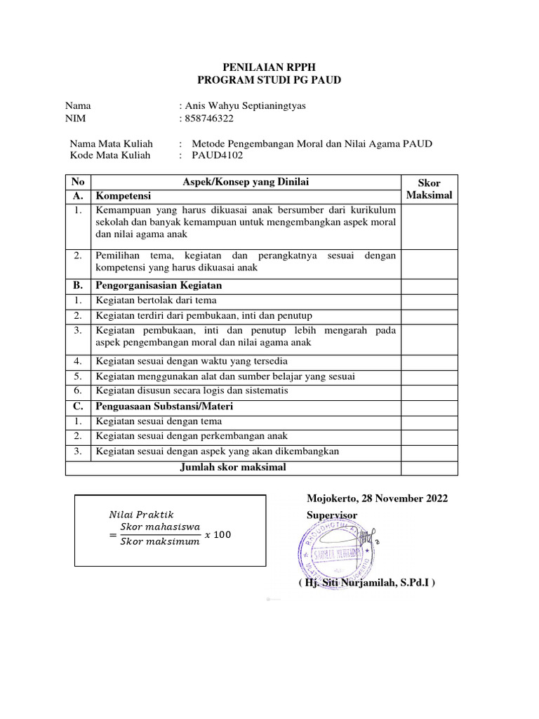 Form Penilaian RPPH Dan Praktek | PDF