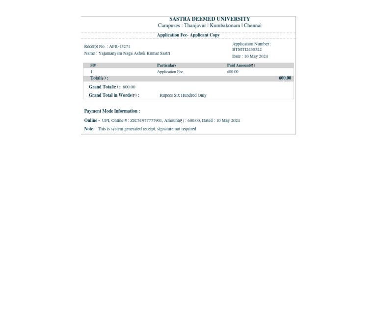 Application Fee Receipt | PDF