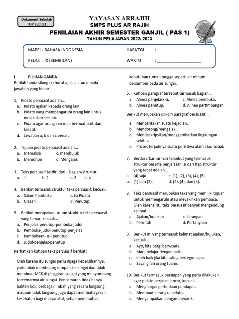 Soal Pas 1 Indo KLS 9 - 2022-2023 | PDF