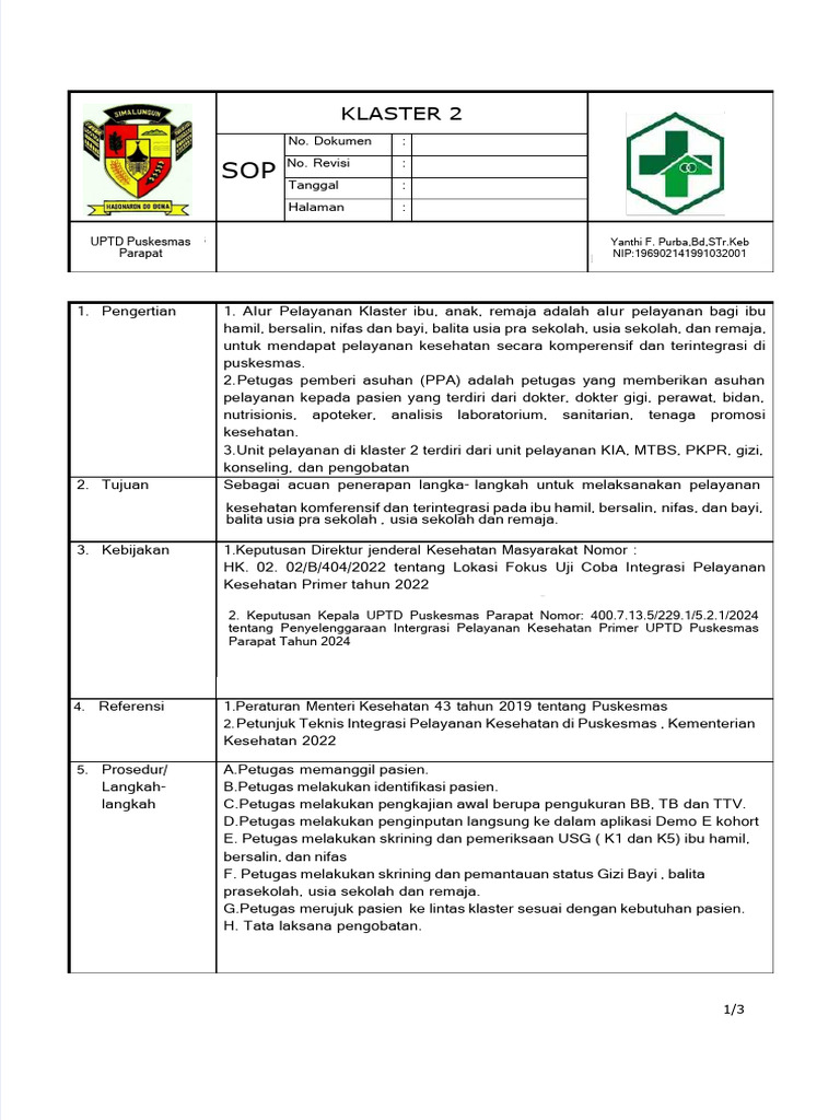 SOP Klaster 2 Puskesmas Parapat | PDF