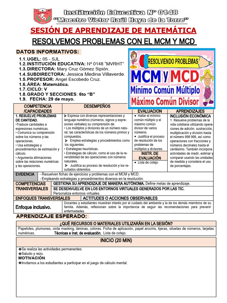 1 Lunes 27-05-24 Matemática Resolvemos Problemas Con El MCM y MCD | PDF ...
