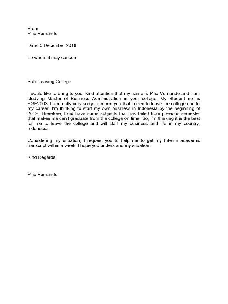 Pilip Vernando's College Departure Notice | PDF