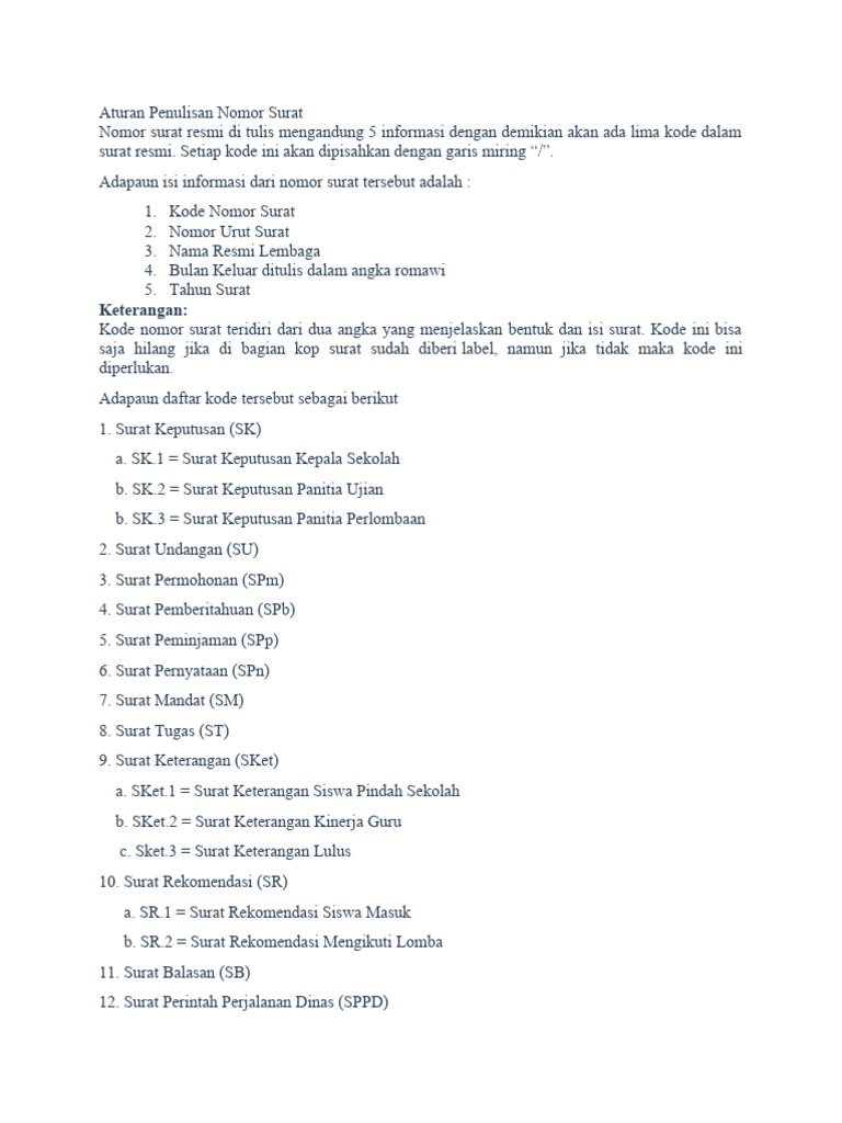 Aturan Penulisan Nomor Surat Resmi | PDF