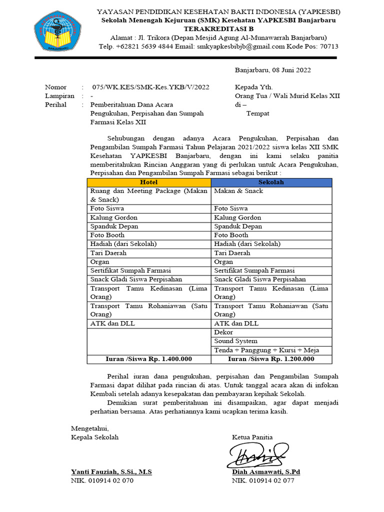 Surat Pemberitahuan Perpisahan Kelas XII 2022 | PDF