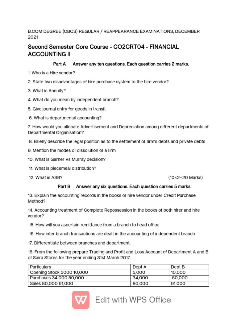 Financial Accounting Model Question Paper | PDF | Expense | Stocks
