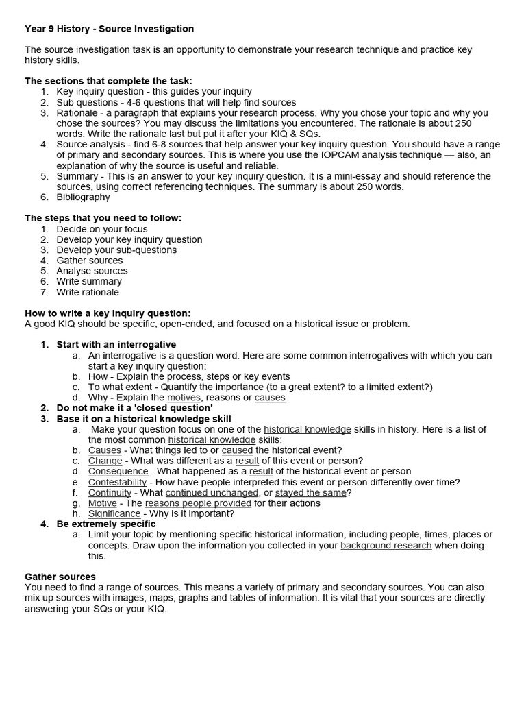 Year 9 History - Source Investigation | PDF | Australia | Knowledge