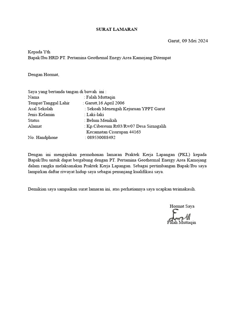 Surat Lamaran PKL di PT Pertamina Geothermal | PDF