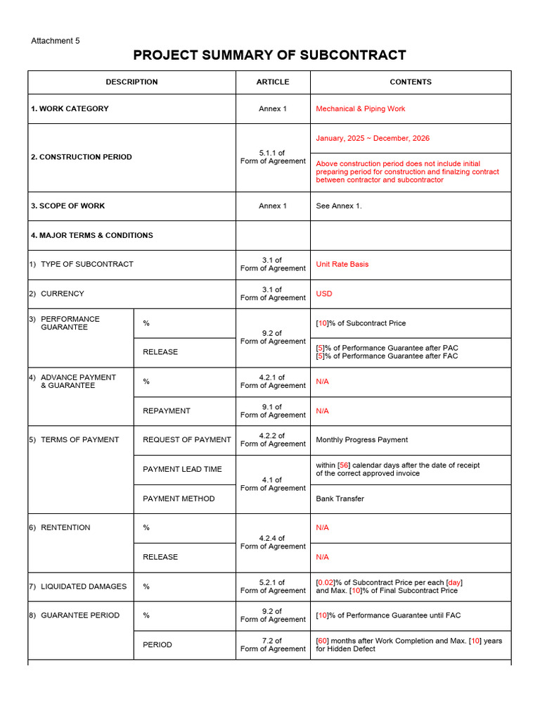 01 Section 1 Attachment 5 Project Summary Of Subcontract Rev 1 Pdf