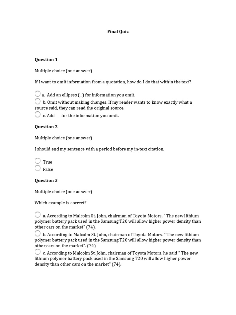 Sample Final Quiz | PDF