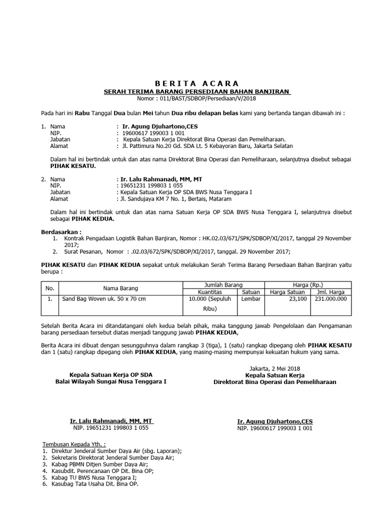 Serah Terima Bahan Banjiran BWS NT I | PDF