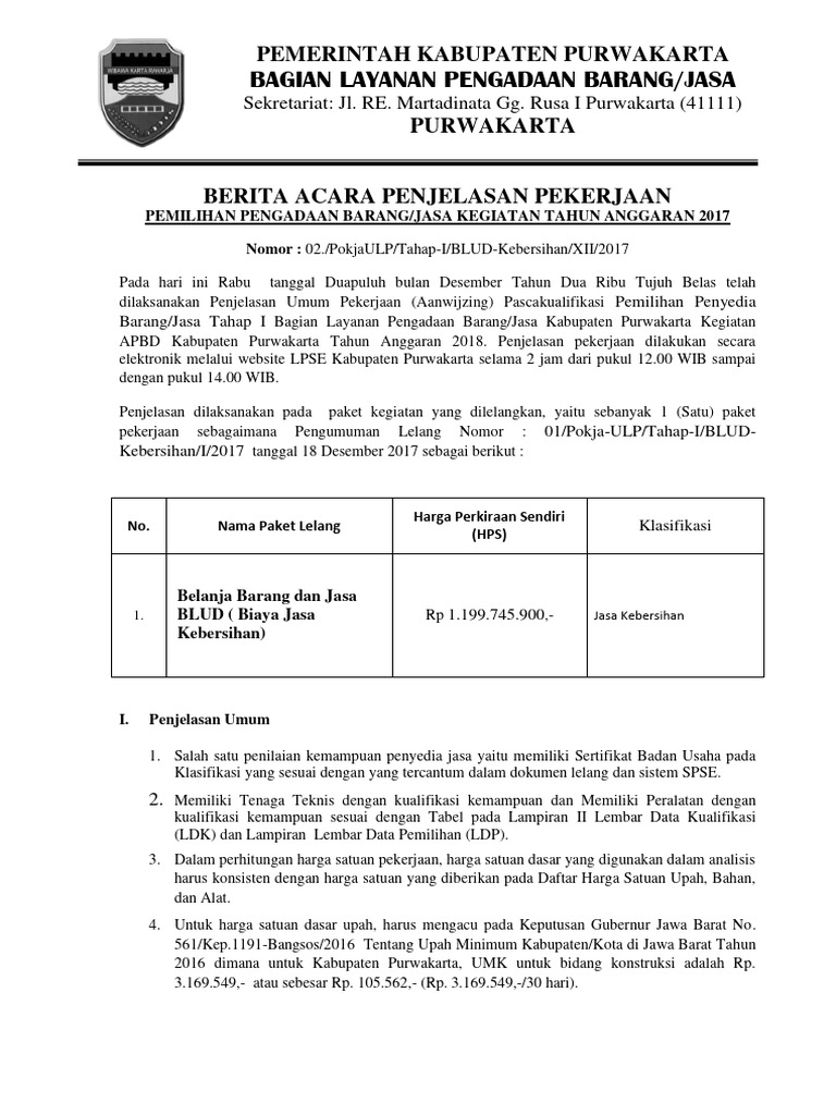 Penjelasan Lelang Jasa Kebersihan Purwakarta 2017 | PDF