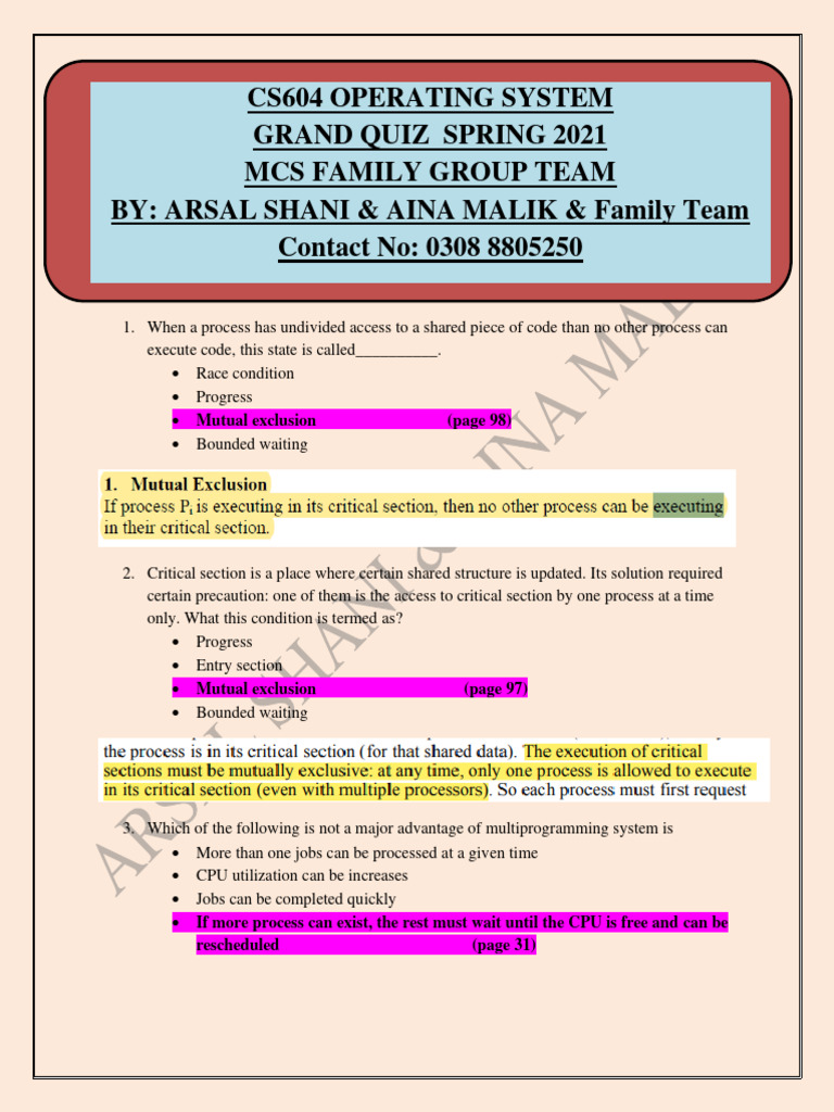 Cs604 Grand Quiz File by Arsal Shani & Aina Malik (Mcs Family Group) | PDF | Process (Computing ...