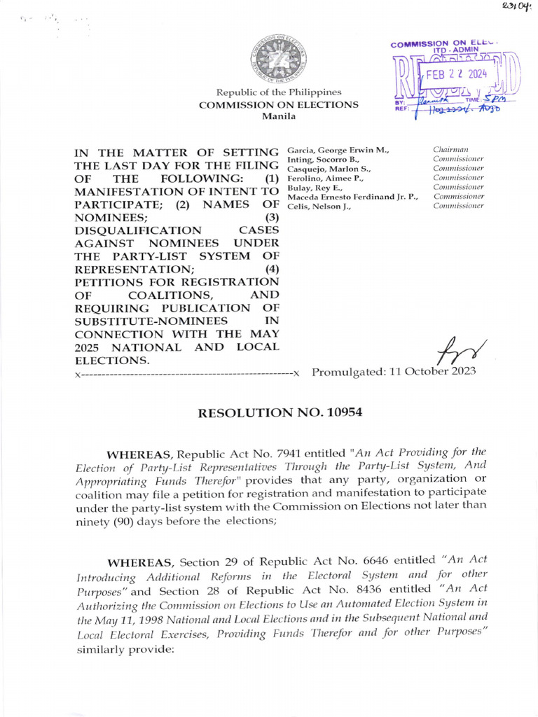 COMELEC Resolution No. 10954 | Download Free PDF | Commission On ...
