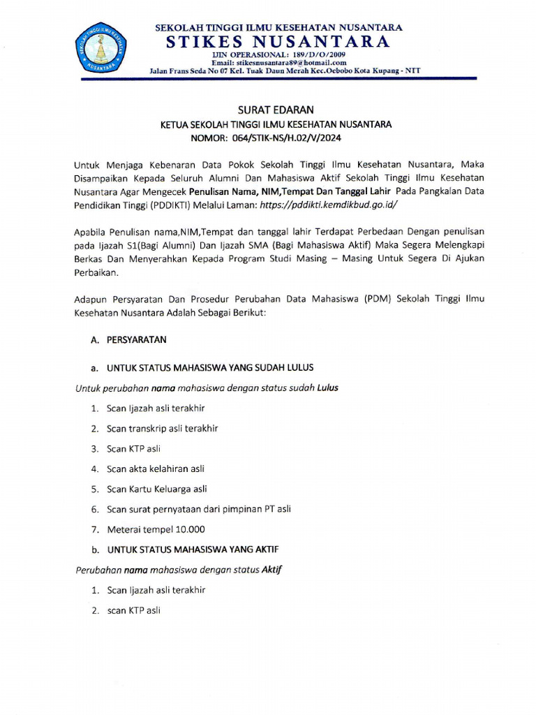 Surat Edaran PDM Stikes Nusantara | PDF