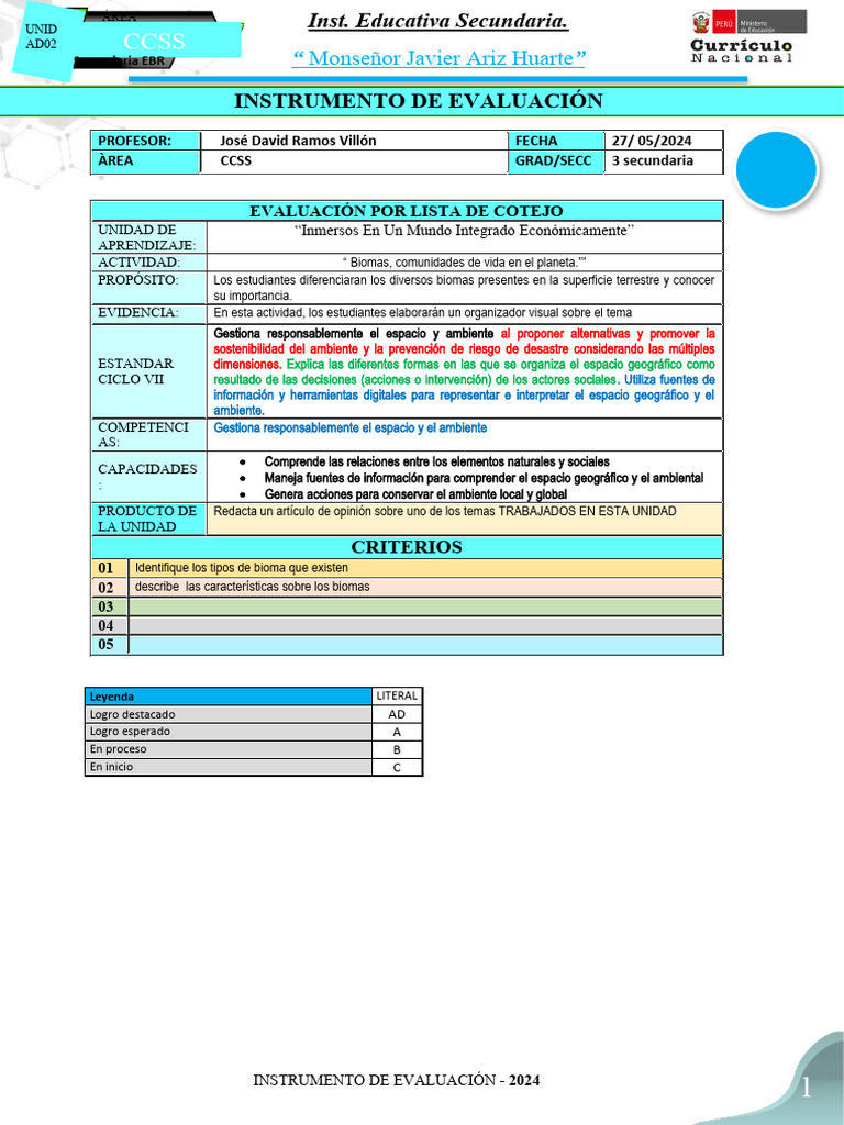 Cotejos 3° CCSS Semana 02 Uni 6 | PDF | Evaluación