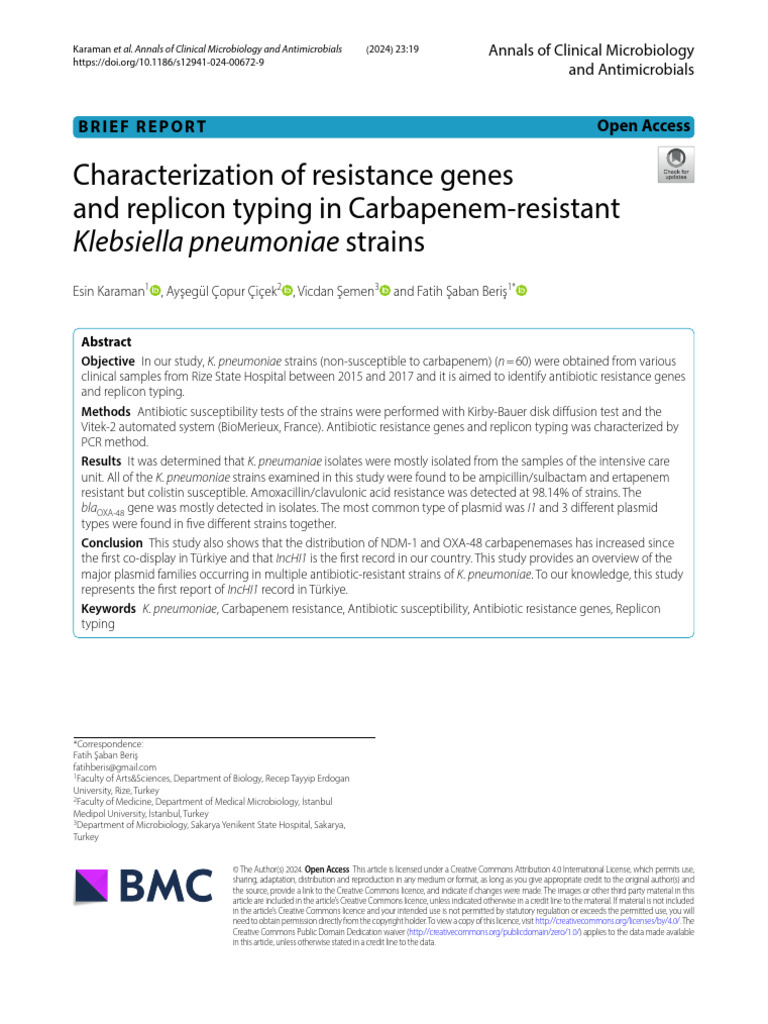 Characterization Of Resistance Genes And Replicon Typing In Carbapenem Resistant Klebsiella