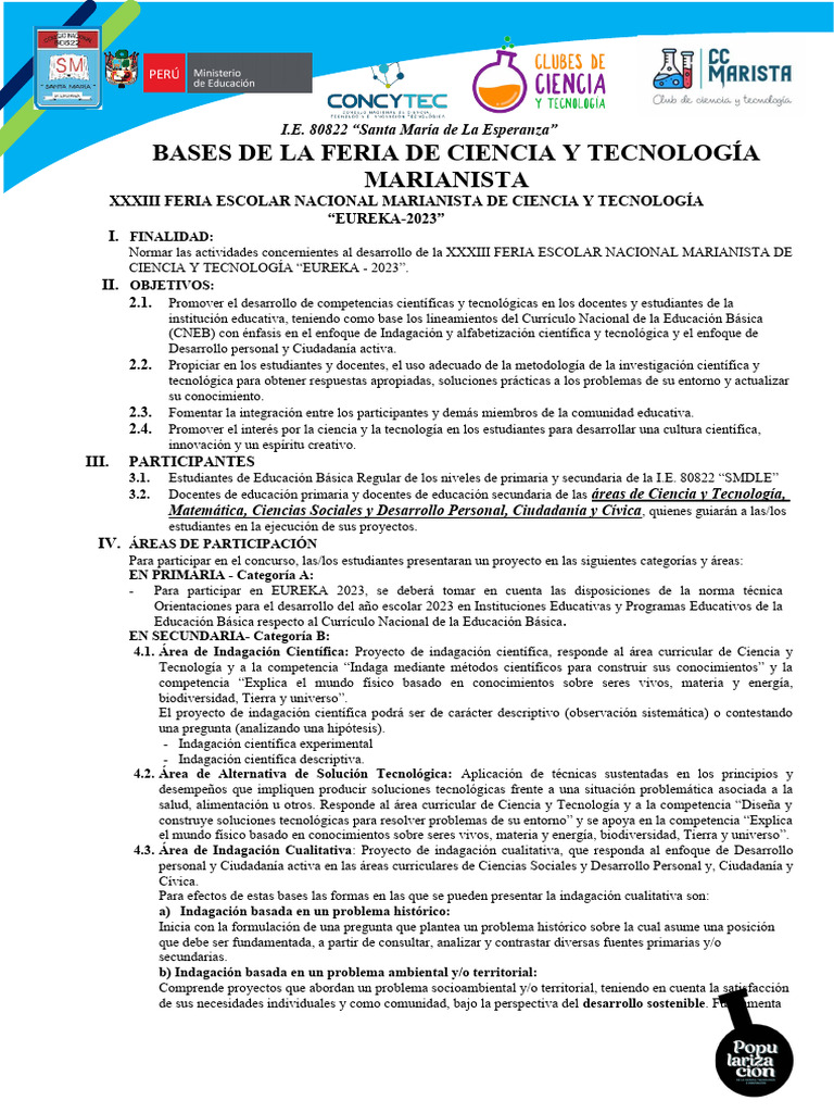 BASES EUREKA MARIANISTA 2023docx | PDF | Educación primaria | Plan de estudios