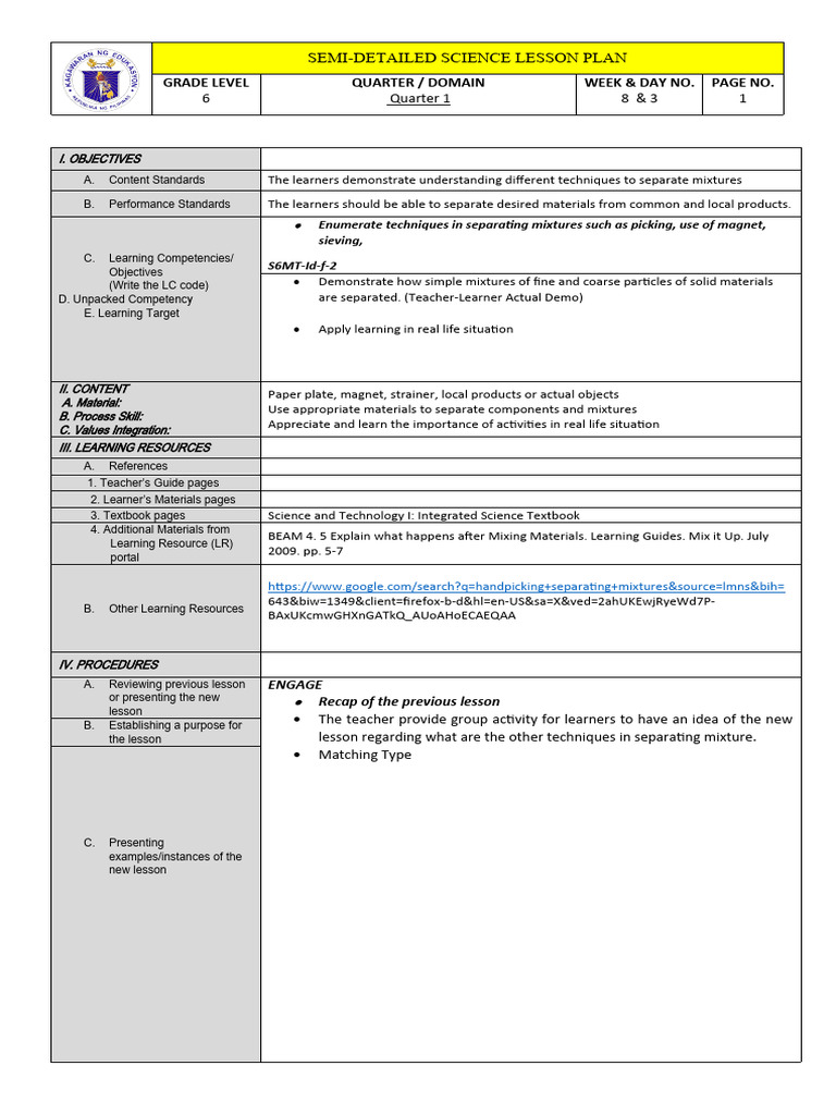 Grade 6 Science: Mixture Separation Techniques | PDF | Learning ...
