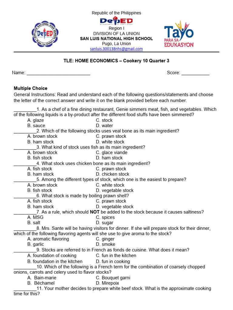 Quarter 3 Assessment For TLE 10 COOKERY | PDF | Soup | Stock (Food)