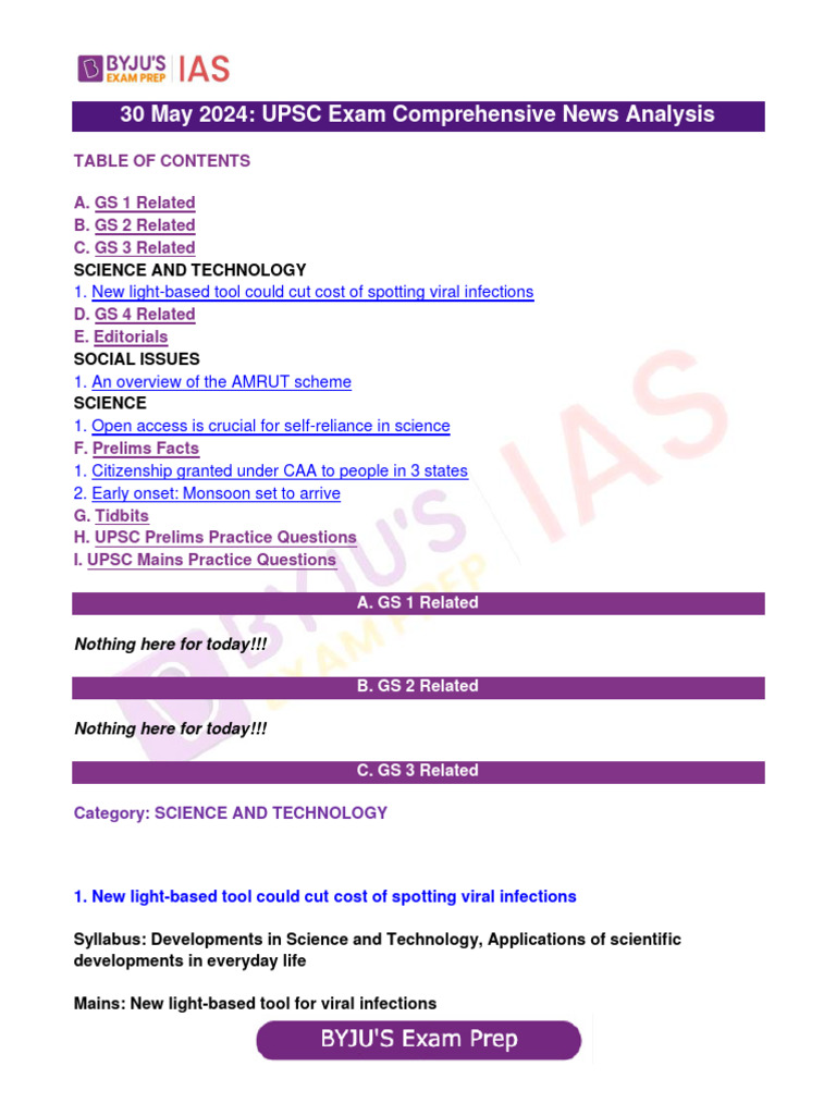 7846 IAS CNA - Comprehensive News Analysis DT 30-5'24 | PDF | Open Access | Avian Influenza