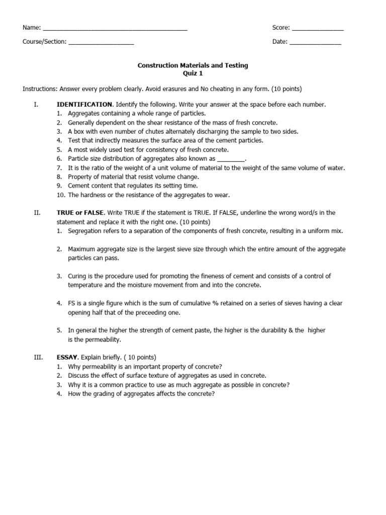 Construction Materials Testing Quiz | PDF | Concrete | Building Materials