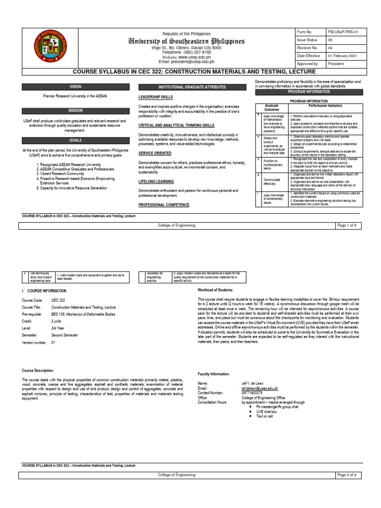 CEC 322 Syllabus: Construction Materials | PDF | Concrete | Engineering