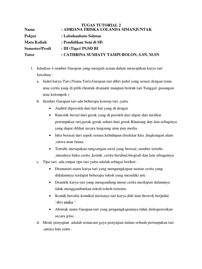 Tt2 Pendidikan Seni Di SD, Adriana Friska Lolanda Simanjuntak, 859897603 | PDF