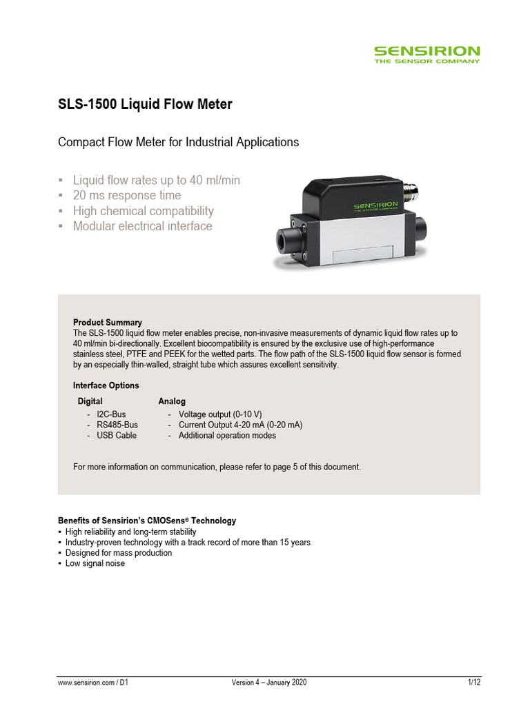 Sensirion Liquid Flow Meters SLS 1500 Datasheet-2320390 | PDF | Flow ...