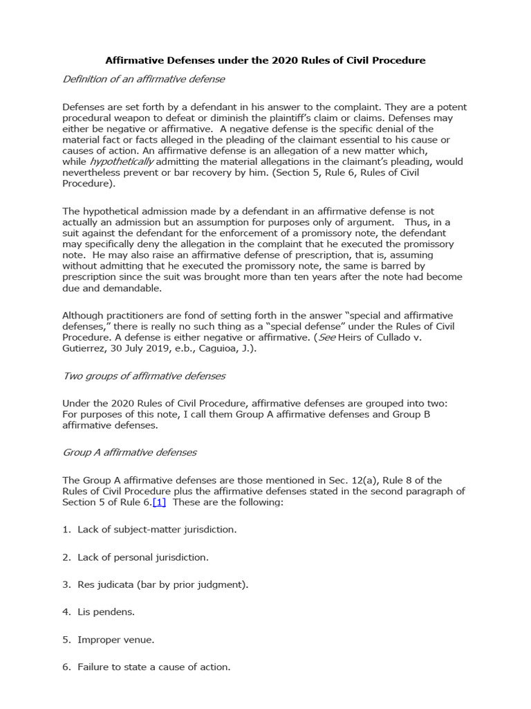 Affirmative Defenses in 2020 Civil Procedure | PDF | Lawsuit ...