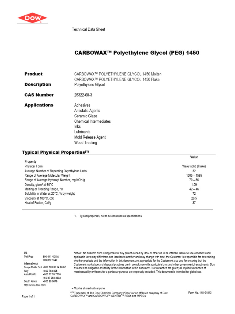 118 01843 01 Carbowax Polyethylene Glycol Peg 1450 Tds | PDF ...