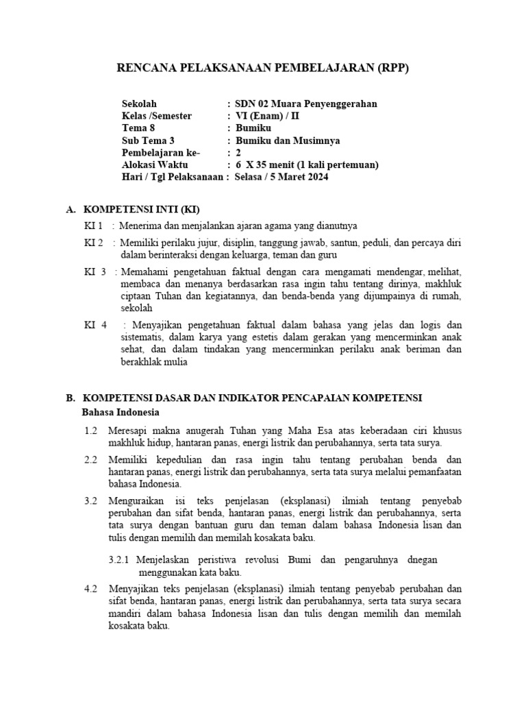 RPP Observasi Kelas 6, Semester Ii Tema 8 Subtema 3 PB 2 | PDF