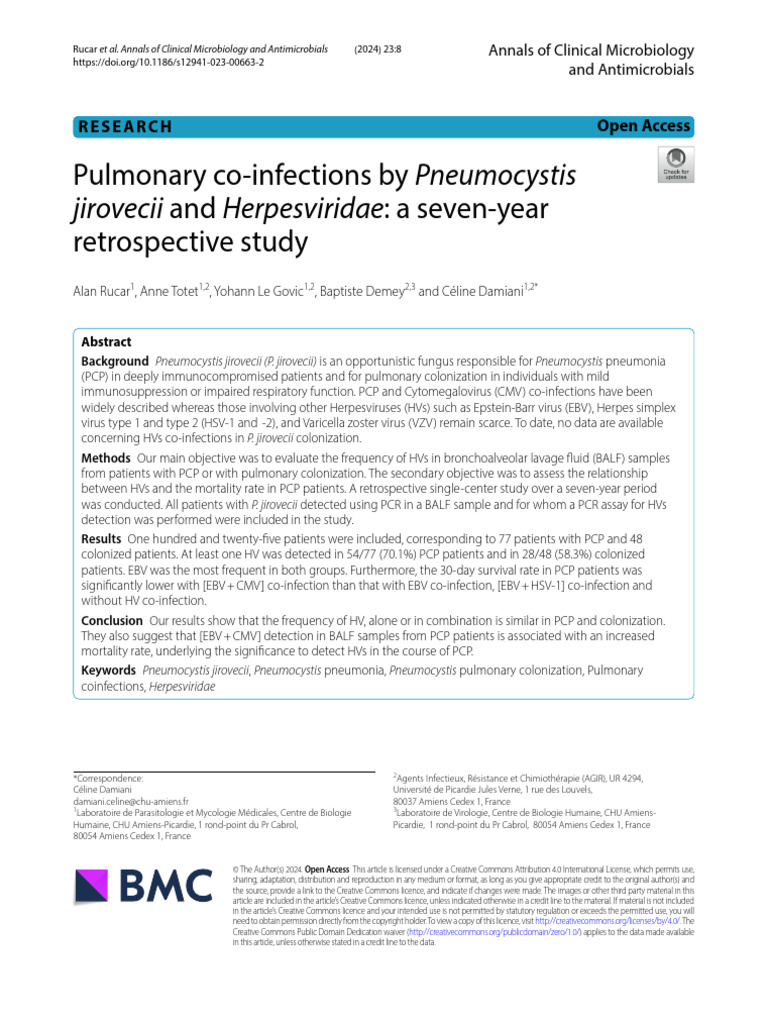 Pulmonary Co-Infections by Pneumocystis Jirovecii and Herpesviridae A ...
