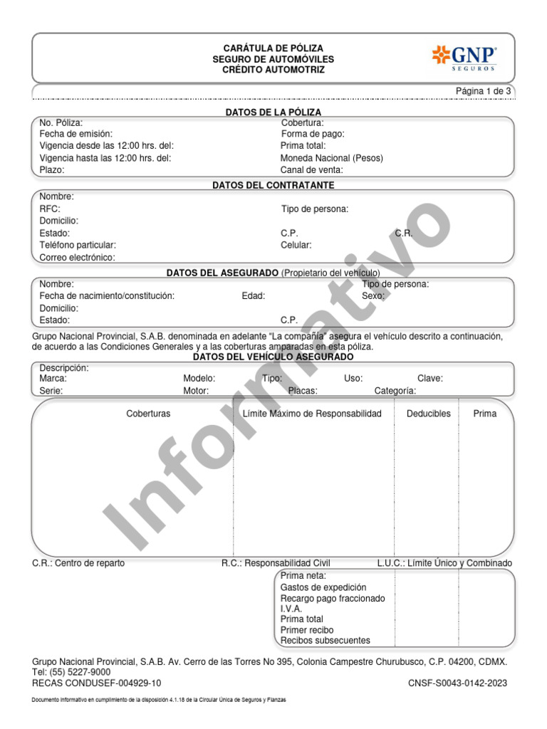 Caratula Poliza AutocomparaCreditoAutomotriz CNSF S0043 0142 2023 | PDF | Póliza de seguros | Seguro