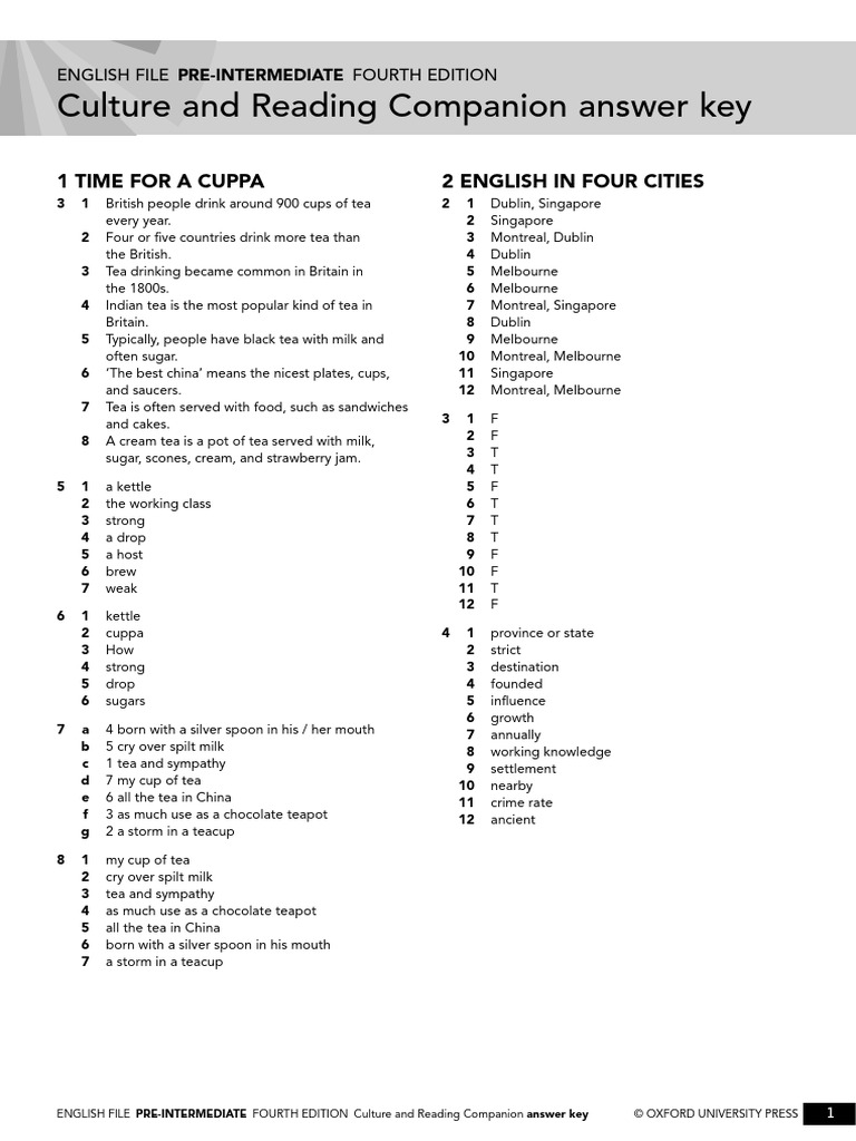 English File 4e Pre Int Culture Reading Comp Answer Key | Download Free ...