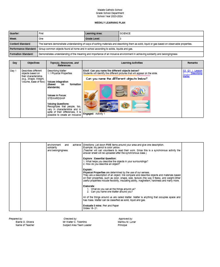 Grade 3 Science Weekly Learning Plan | PDF | Matter | Learning