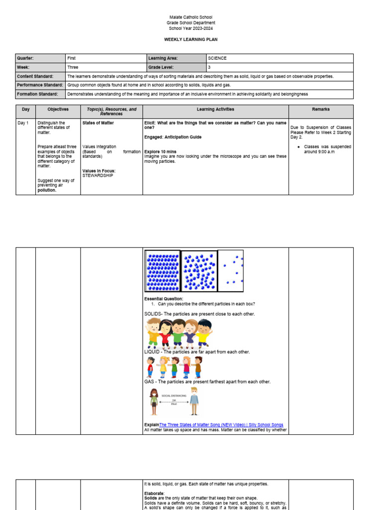 Science 3 Week Plan q1 w3 | PDF | Particle | Matter