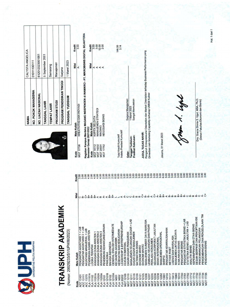 Transkrip Akademik UPH Calysta | PDF