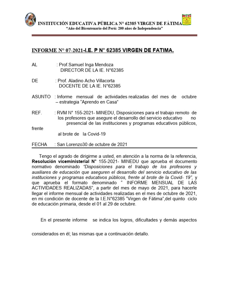 INFORME V CICLO - Octubre | PDF | Evaluación | Aprendizaje