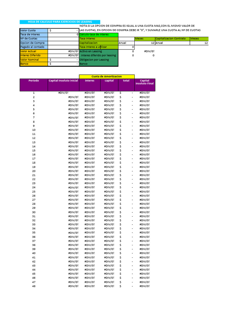 Hoja de Calculo para Ejercicios de Leasing Financiero | PDF
