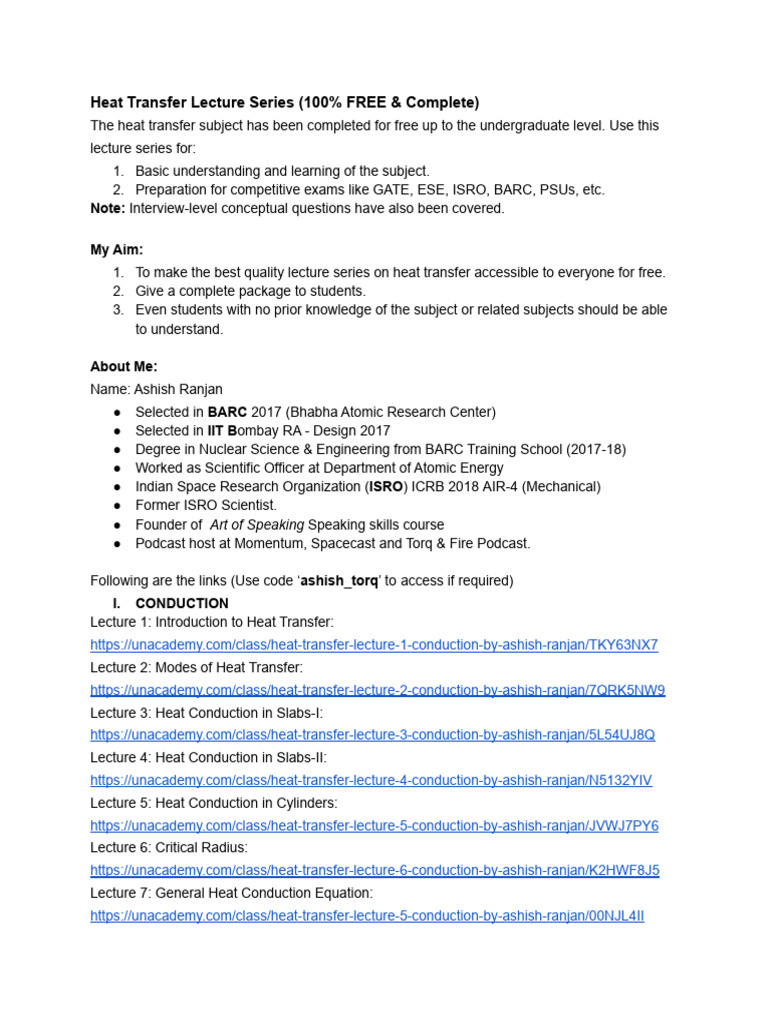 Heat Transfer Lecture Series (100% FREE & Complete by Ashish Ranjan - Selected in BARC, IIT ...