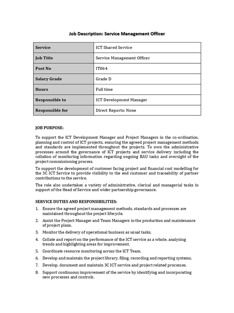 ICT Service Management Officer JD | PDF | Project Management ...