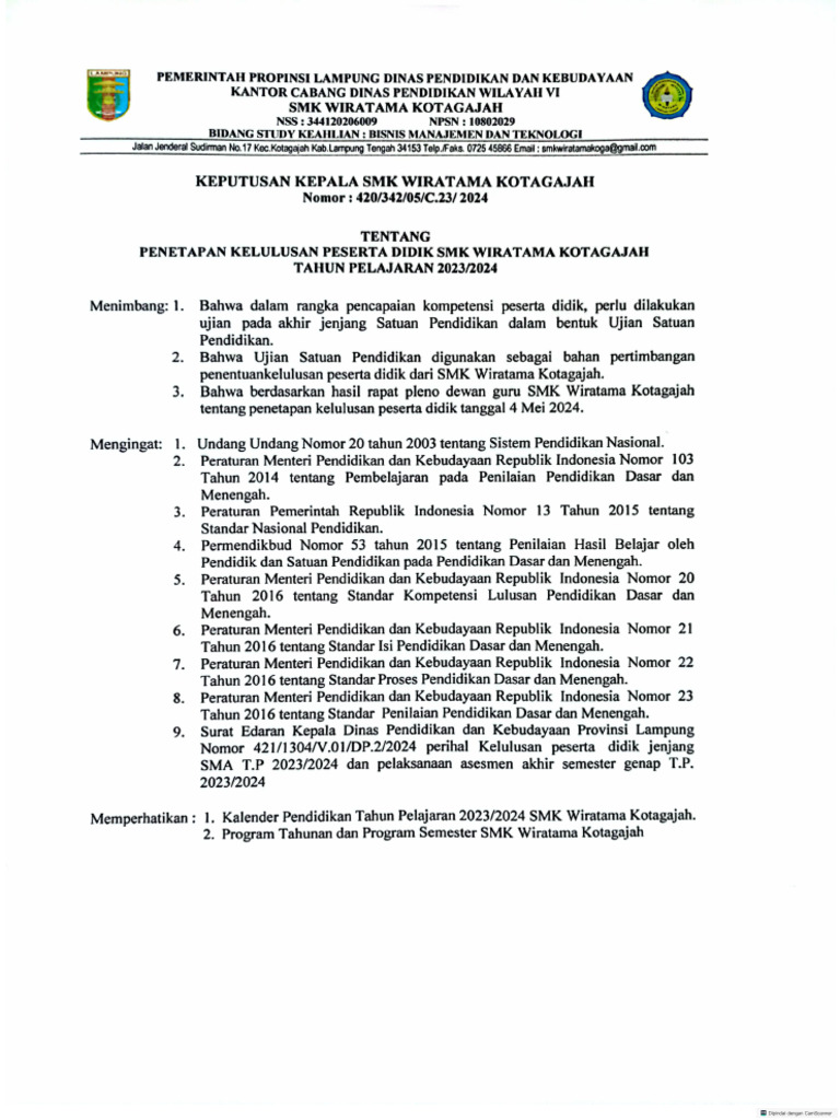 SK Kelulusan SMK Wiratama 20232024 | PDF