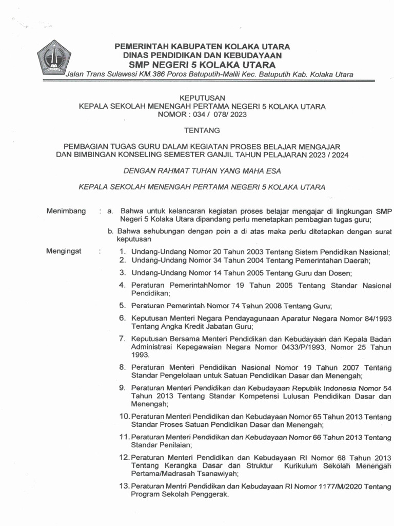 SK Pembagian Tugas 2023-2024 Ganjil | PDF