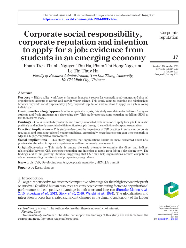 CSR's Impact on Job Application Intentions | PDF | Corporate Social ...