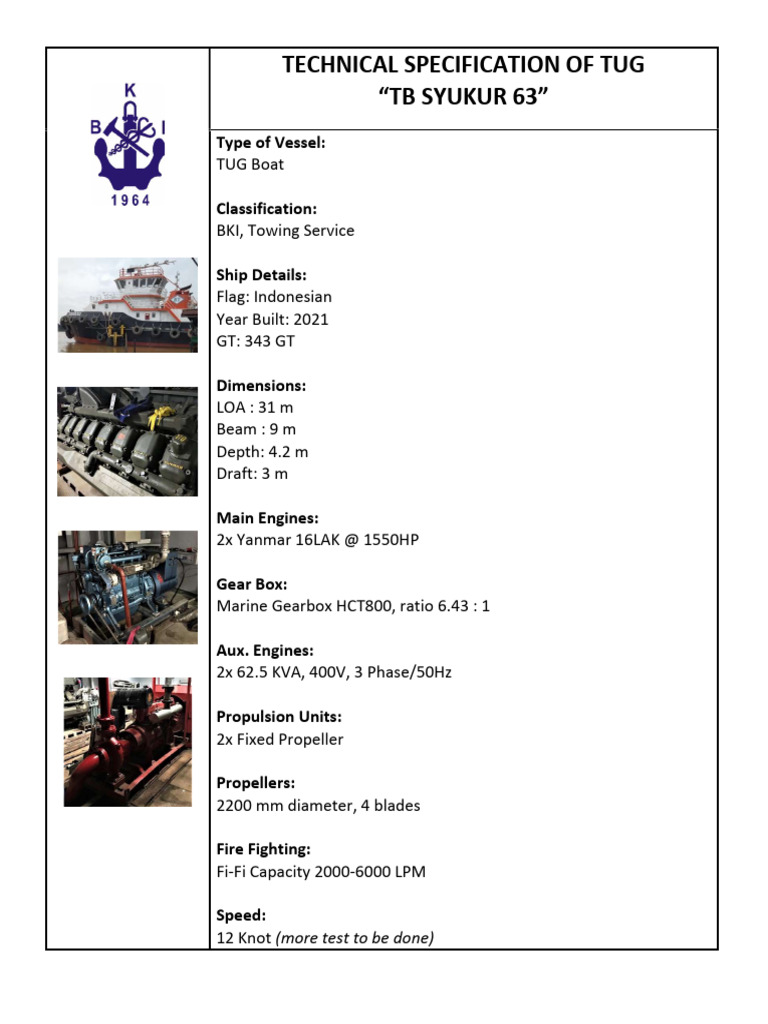3100HP TUG Vessel Specification NL | PDF