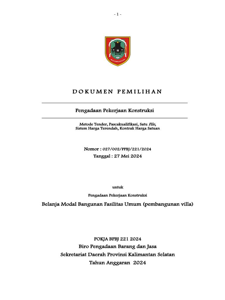 Dok. Tender - Belanja Modal Bangunan Fasilitas Umum (Pembangunan Villa) | PDF